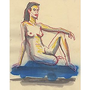 Nude seated on a blue car