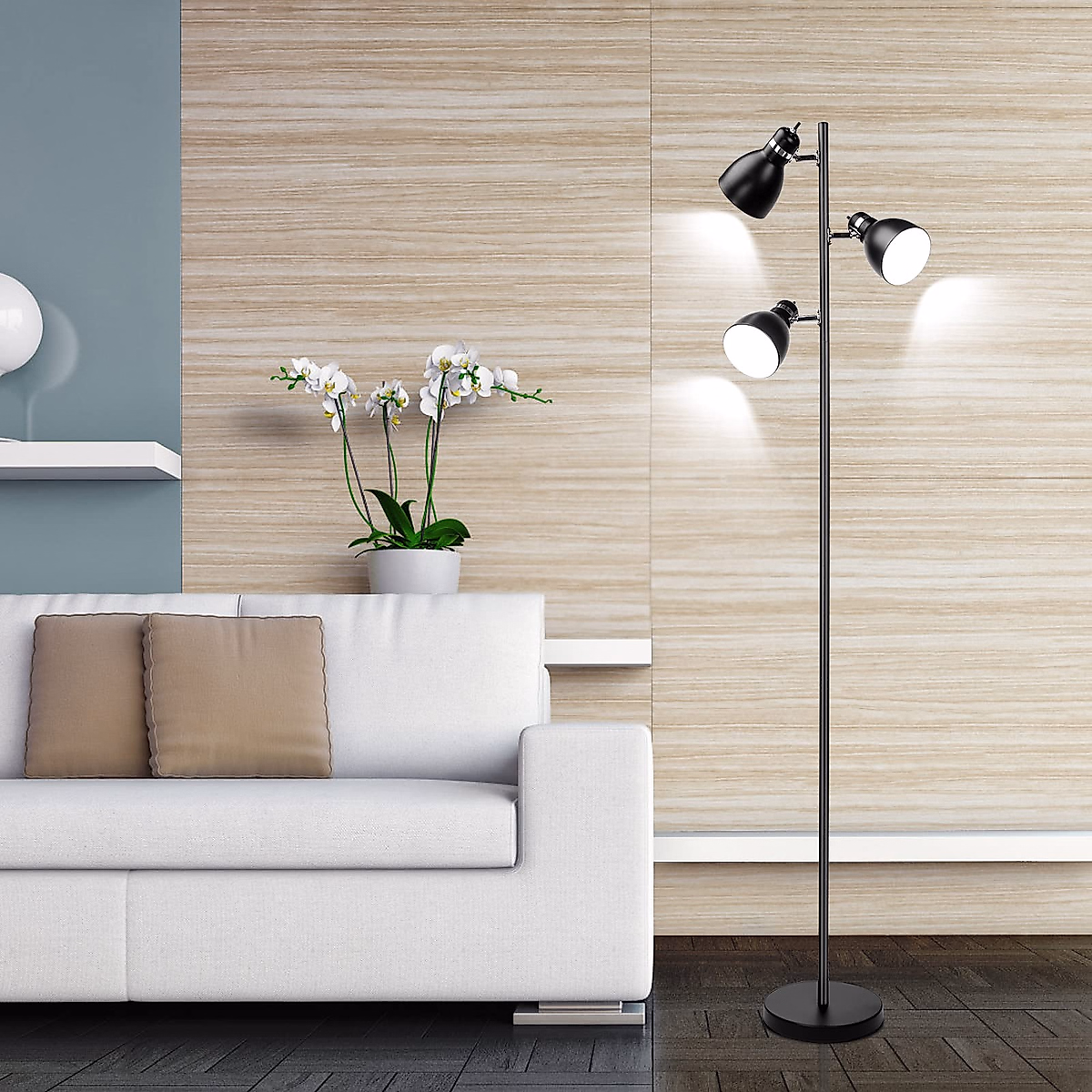 JEUNEU Black Metal Tree Floor Lamp Modern Standing Tall Pole Lamp with 3 Adjustable Rotating Lights Floor Lamps for Living Room Bedroom Office