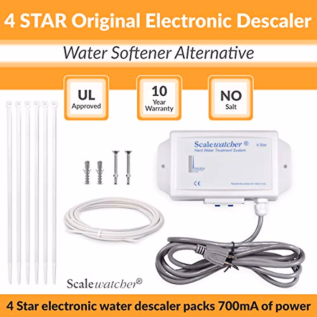 Scalewatcher 4 Original Electronic Descaler | USA Made & Patented Hard Water Softener/Conditioner Alternative | 700mA Chemical and Salt-Free Electric Limescale Preventer and Remover
