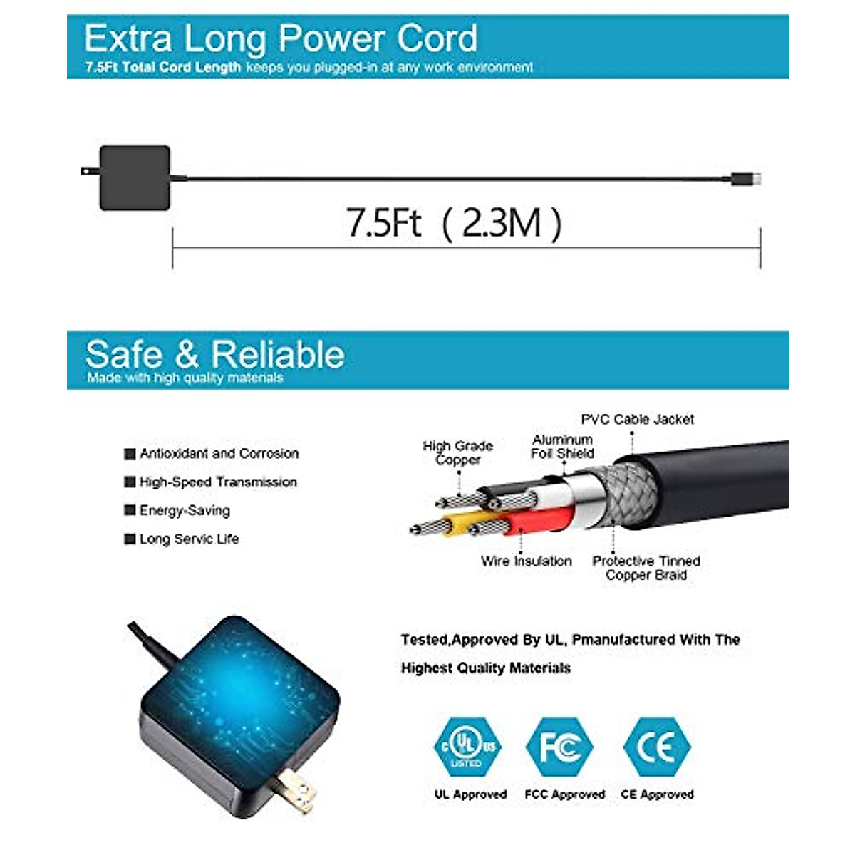 Slim USB C Charger Fit for Google Pixelbook (Black)