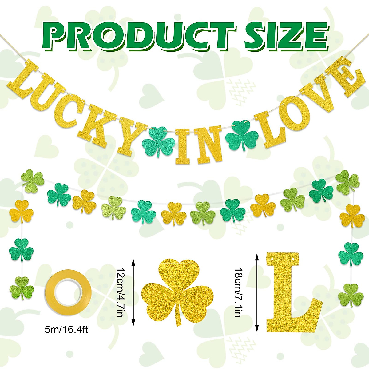 Whaline 2Pcs St. Patrick's Day Banner Glitter Gold Green Lucky Shamrock Clover Hanging Bunting Garland DIY Irish Style Banner for Party Home Office Mantel Fireplace Wall Decoration
