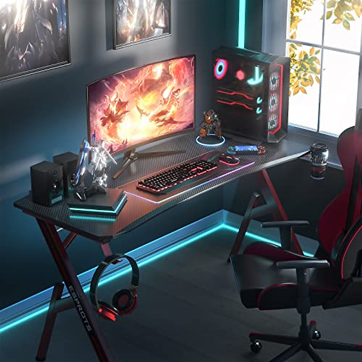 Foxemart Gaming Desk 47 inch PC Computer Desk, Home Office Desk Workstation, Professional Gaming Desk Table with Cup Holder & Headphone Hook