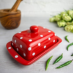 Handmade Ceramic European Covered Butter Dish With Lid | Unique Red and White Polka Dot Pottery Butter Keeper | Housewarming Gift by City to Cottage®
