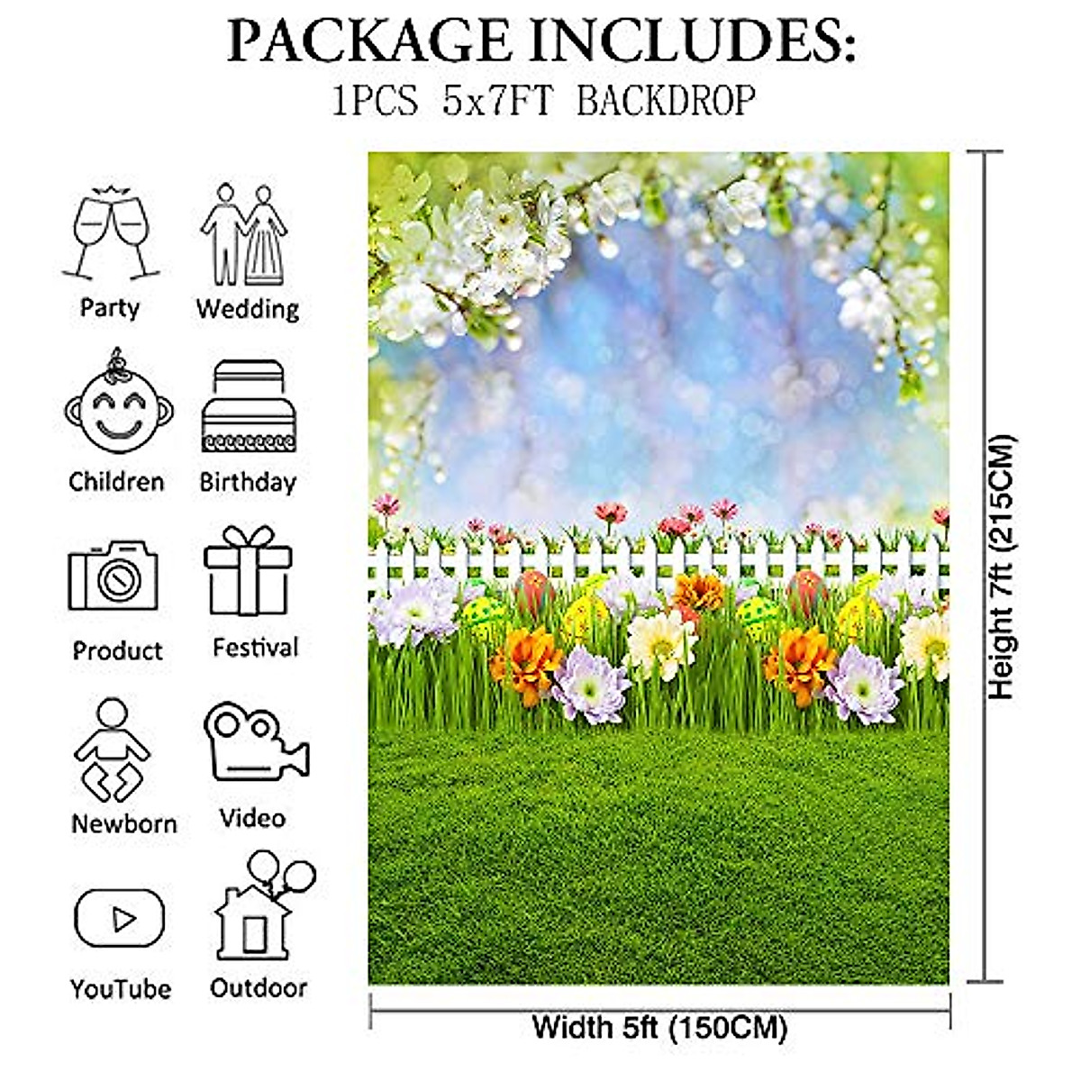 Swepuck 5x7ft Durable Fabric Easter Backdrop Spring Flowers Green Grass Fence Eggs Bokeh Sky Photography Background Baby Kid Children Portrait Floral Party Decoration Photo Booth Studio Props
