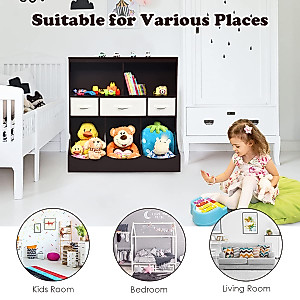 HONEY JOY Kids Toy Storage Organizer with Bookcase, 8-Cubby Organization Storage Cabinet w/Display Shelf & 3 Removable Fabric Bins, Wooden Toy Storage Unit for Playroom, Nursery Daycare(Espresso)