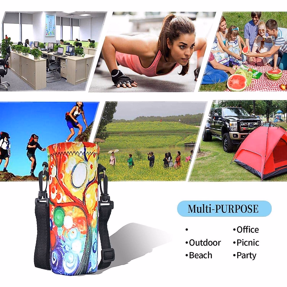 AUPET Water Bottle Carrier,Colorful Tree 500ML Water Sport Bottle Cover Pouch Insulated Soft Sleeve Holder Case +Shoulder Strap