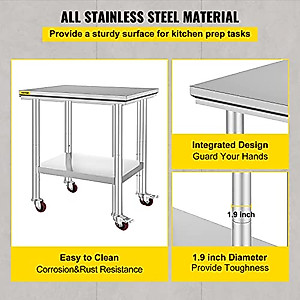Mophorn Stainless Steel Work Table with Wheels 24 x 30 x 33.8 Inch Prep Table with 4 Casters Heavy Duty Work Table for Commercial Kitchen Restaurant Business