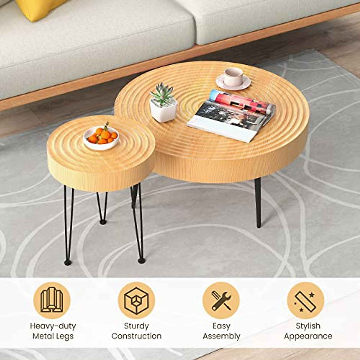 GOFLAME Round Coffee Table Set of 2, Farmhouse Boho End Tables with Natural Finish & Wood Ring Motif, Solid Wood Nesting Side Tables with Metal Legs & Adjustable Foot Pads for Living Room, Bedroom