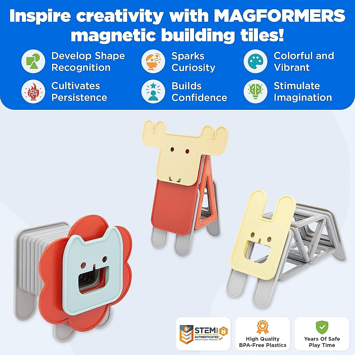 MAGFORMERS My First Animal Jumble 60 Piece Set, Pastel Colors - Educational Magnetic Geometric Shapes, Tiles, Building STEM Toy Set, Ages 3+