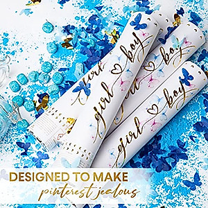 Gender Reveal Confetti Cannon - 4 Pack Butterfly Confetti Poppers | Gender Reveal Ideas | Gender Reveal Powder Cannon Blue, Color Reveal | Gender Reveal Powder Sticks, Blue Confetti | Gender Reveal Party Supplies | Gender Reveal Poppers | Poppers Confetti