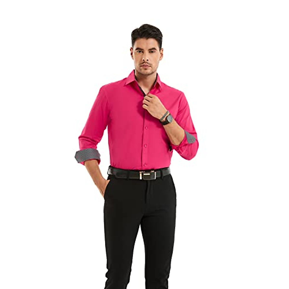 Esabel.C Mens Casual Button Down Shirts Rugular Fit Long Sleeve Fashion Shirts,Rose,L