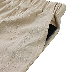 LVCBL Khaki Cotton Pants Men Casual Linen Beach Pants Drawstring Trousers,Khaki,M