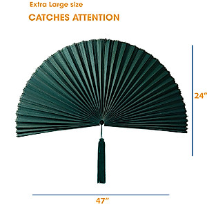 KOLWOVEN Rustic Fan - Bedroom Wall Decor Above Bed -Giant Bamboo Fan - Over Bed Wall Decor- Beautiful Wall Art for Apartment, Room, Home Decoration (Extra Large 47''x24'', Dark Teal)