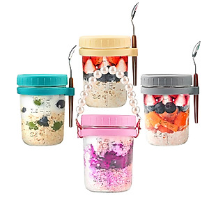 Overnight Oats Jars,Mason Jars for Overnight Oats with Lid and Spoon,10 Oz Glass Meal Prep Containers with Measurement Marks,Perfect Size for Overnight Oats,Salad Yogurt,Cereal,Fruit (4 PACK A)