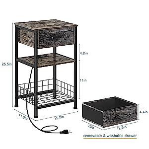 smusei Nightstand with Charging Station Night Stand with Fabric Drawer End Tables with USB Ports and Outlets Living Room Bed Side Table for Small Spaces, Dark Grey