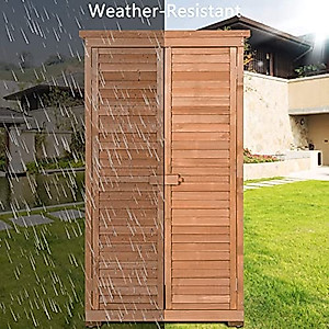 GRAFFY Outdoor Wooden Storage Shed, Garden Tools Cabinet with Shutter Design, Wooden Storage Cabinet with Tilted Asphalt Roof, for Garden, Yard, Patio