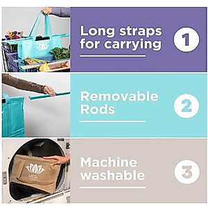 Lotus Trolley Bags -set of 4 -w/LRG COOLER Bag & Egg/Wine holder! Reusable Grocery Cart Bags sized for USA. Eco-friendly 4-Bag Grocery Tote. (Purple, Turquoise, Blue, Brown,)