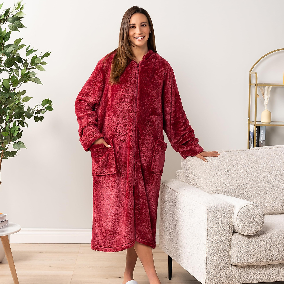 PAVILIA Womens Housecoat Zip Robe, Sherpa Zip Up Front Robe Bathrobe, Fuzzy Warm Zipper House Coat Lounger for Women Ladies Elderly with Pockets, Fluffy Fleece Long - Wine Red (Large/X-Large)