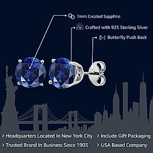 Gem Stone King 925 Sterling Silver Blue Created Sapphire Earrings | 3.20 Cttw | 7MM Round Stud Earrings for Women