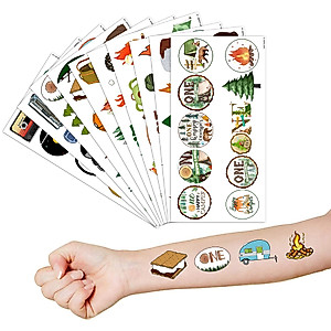 Cute Camper Temporary Tattoos Camping First Birthday Party Decorations Favors Supplies 1st Themed Stickers 10 Sheets 100 PCS Gifts for Baby Kids Girls Boys Decor Class School Carnival Christmas