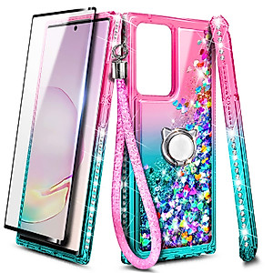 NGB Samsung Galaxy Note 20 Ultra Case with Screen Protector (Maximum Coverage, Flexible TPU Film), Ring Holder, Girls Women Liquid Bling Sparkle Fashion Glitter Clear Cute Case (Pink/Aqua)