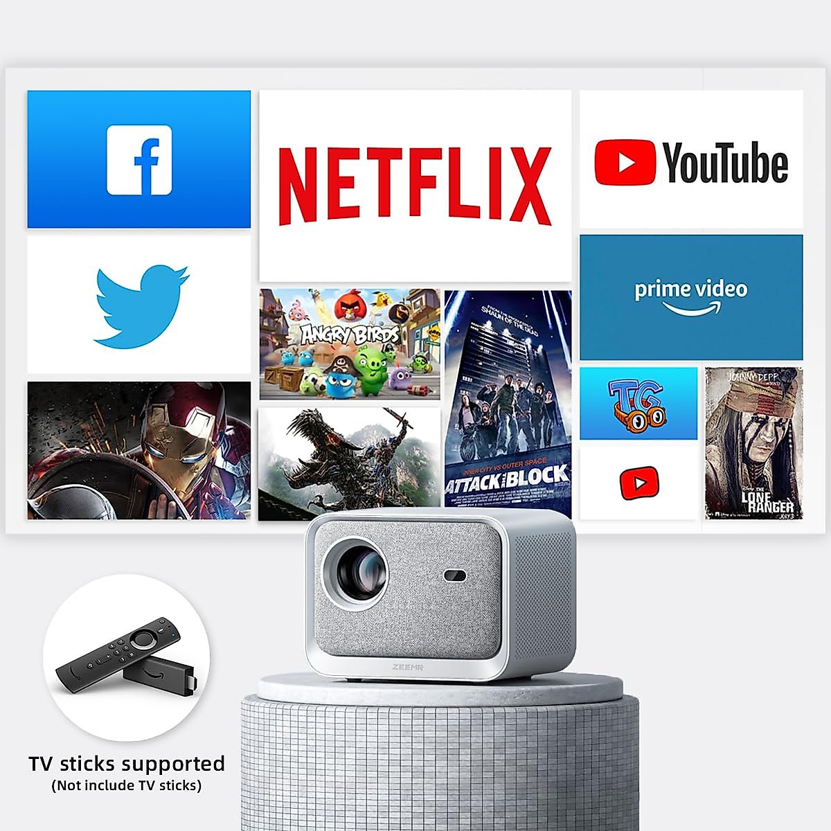 ZEEMR Projector with 5G Wifi and Bluetooth, Native 1080P, Autofocus/AutoKeystone Correction, Fully Sealed Dust-Proof, Smart Portable Projector For Home Theater, Compatible with Almost TV Sticks(Gray)