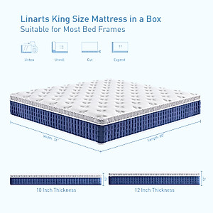LINARTS King Mattress, 12 Inch King Size Hybrid Mattress in a Box with Pocket Spring & Soft Knitted Fabric for Comfort, Motion Isolation, Pressure Relief, Edge Support, Improve Sleep, Medium Firm