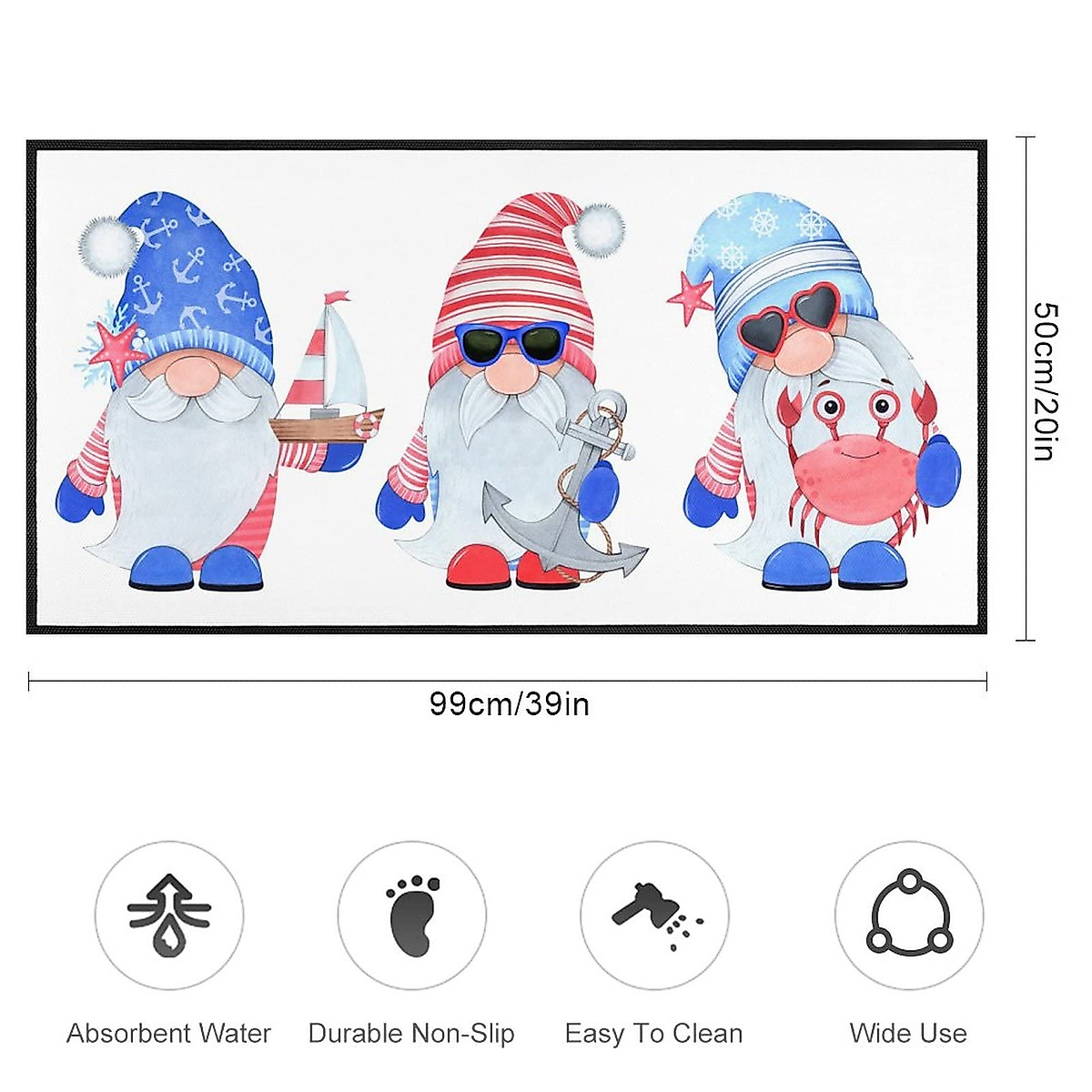 TsyTma Beach Gnomes with Anchor Ship Kitchen Rug Hello Summer Floor Mats Washable Non-Slip Bathroom Rug Runner Laundry Room Home Decor 39x20 Inch