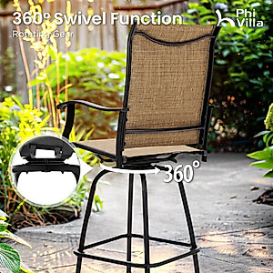 PHI VILLA Outdoor Bar Stools Set of 4, Swivel Patio Bar Stools & Chairs with 30" Seat Height & Brown Textilene Backrest, Tall Outdoor Chairs Bar Funiture for Outside, Porch and Yard