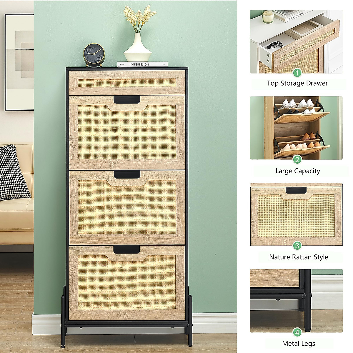 Assile Shoe Cabinet for Entryway, Tall Freestanding Shoe Rack with 3 Flip-Drawers, Hidden Storage Shoe Organiazer with Drawer, Sturdy Metal Leg for Entrance Hallyway Mudroom, Black