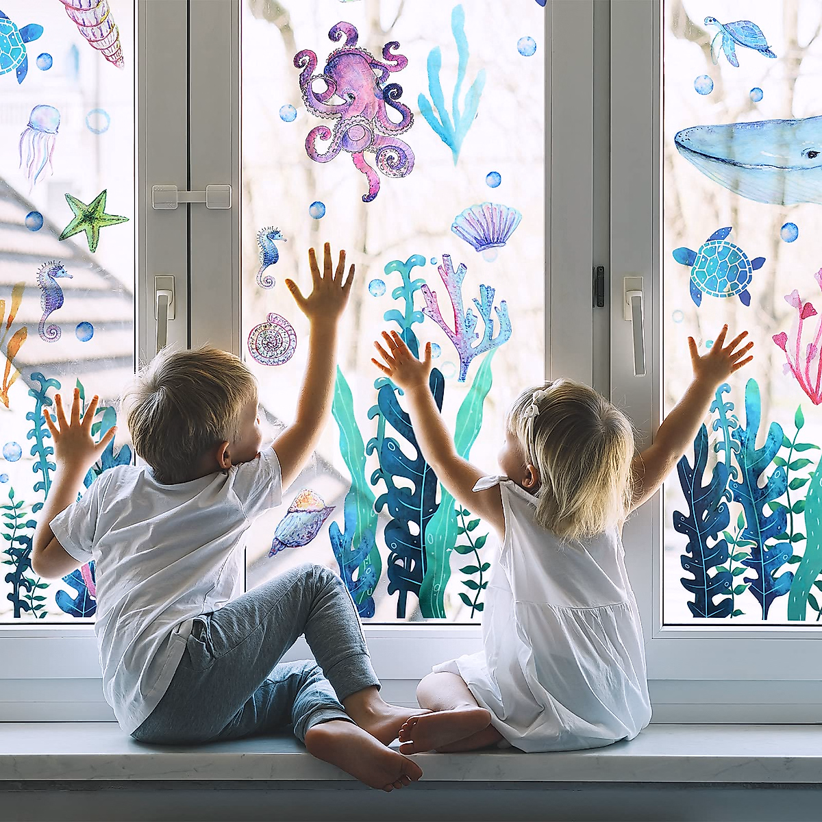 Marspark Under the Sea Wall Decals 3 Sheets Sea Turtle Wall Stickers Ocean Animal Wall Art Decals Underwater Ocean Grass Colorful Seaweed Decals Bubbles Vinyl Wall Sticker for Bedroom Living Room Home