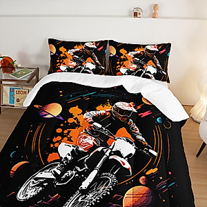 HOSIMA Dirt Bike Bedding Set Twin Size for Boys Teens,Galaxy and Orange Ink Background Motocross Comforter 3 Pieces,Extreme Sports Theme Black Comforter Set Twin with 2 Pillowcases.