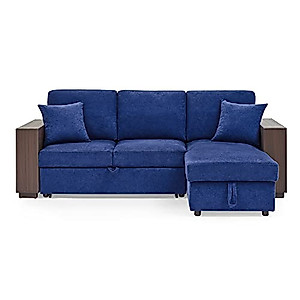 HomsSof Sectional Sofa with Pulled Out Bed Couch,2 Seats Sofa and Reversible Chaise with Storage,MDF Shelf Armrest,Two Pillows,88" x52" x 34",Navy Blue