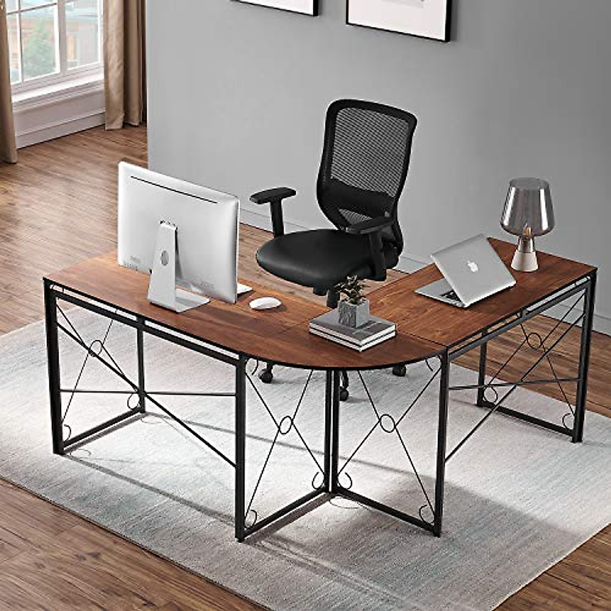 VECELO Computer Corner Desk, 59''x59'' Large L Shaped Home Office Workstation, Industrial Multi-Usage Long 2 Person Table, Easy Assembly/Saving Space, Steel Frame&Wooden Grain, Brown