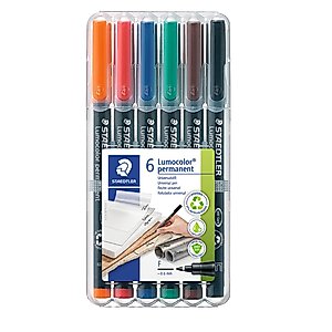 Staedtler Lumocolor Universal Pen, Fine, Felt Tip, Permanent Marker, Box of 6 Assorted Color Pens, 0.6mm 318 WP6
