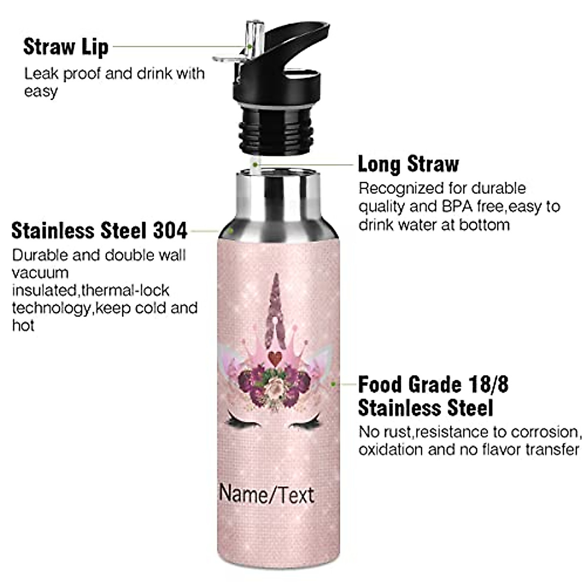 Custom Pink Unicorn Double Stainless Steel Insulated Water Bottle with Straw Lid, 20 oz, Customizable with Name/Text