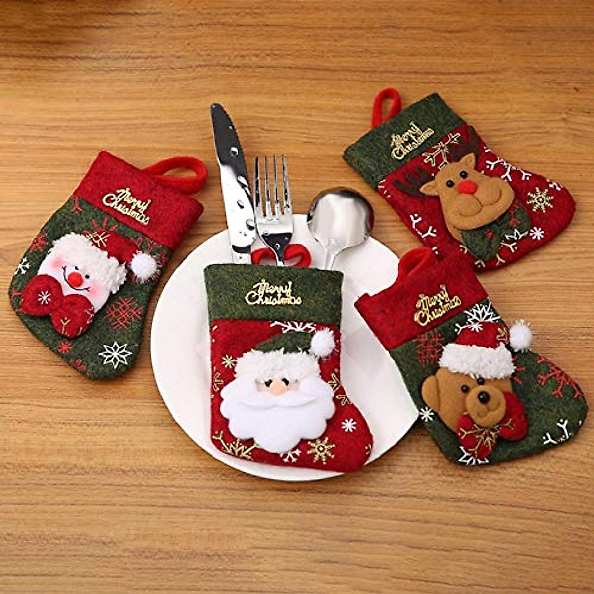 4 Pack of Christmas Cutlery Set, Snowman Santa Moose Knife and Fork Bag Cover Flatware Silverware Holders Xmas New Year Party Table Decoration Ornaments Socks