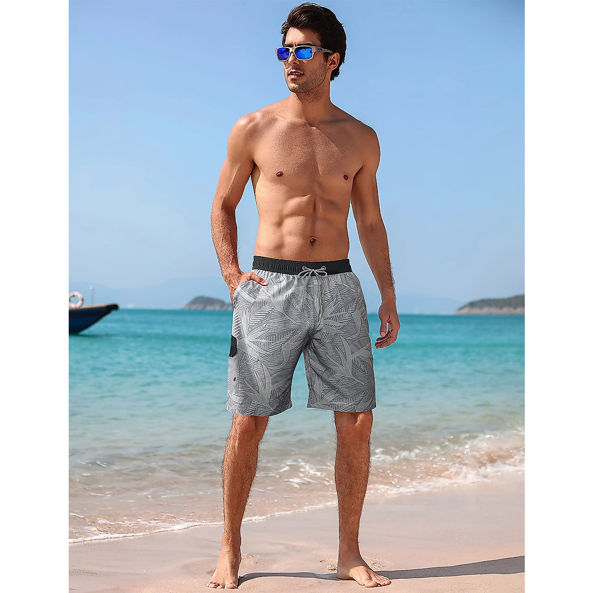 BOJIN Mens Swim Trunks Quick Dry Swim Shorts Mesh Lining Bathing Suits Swimwear Beach Shorts BS017 Grey L