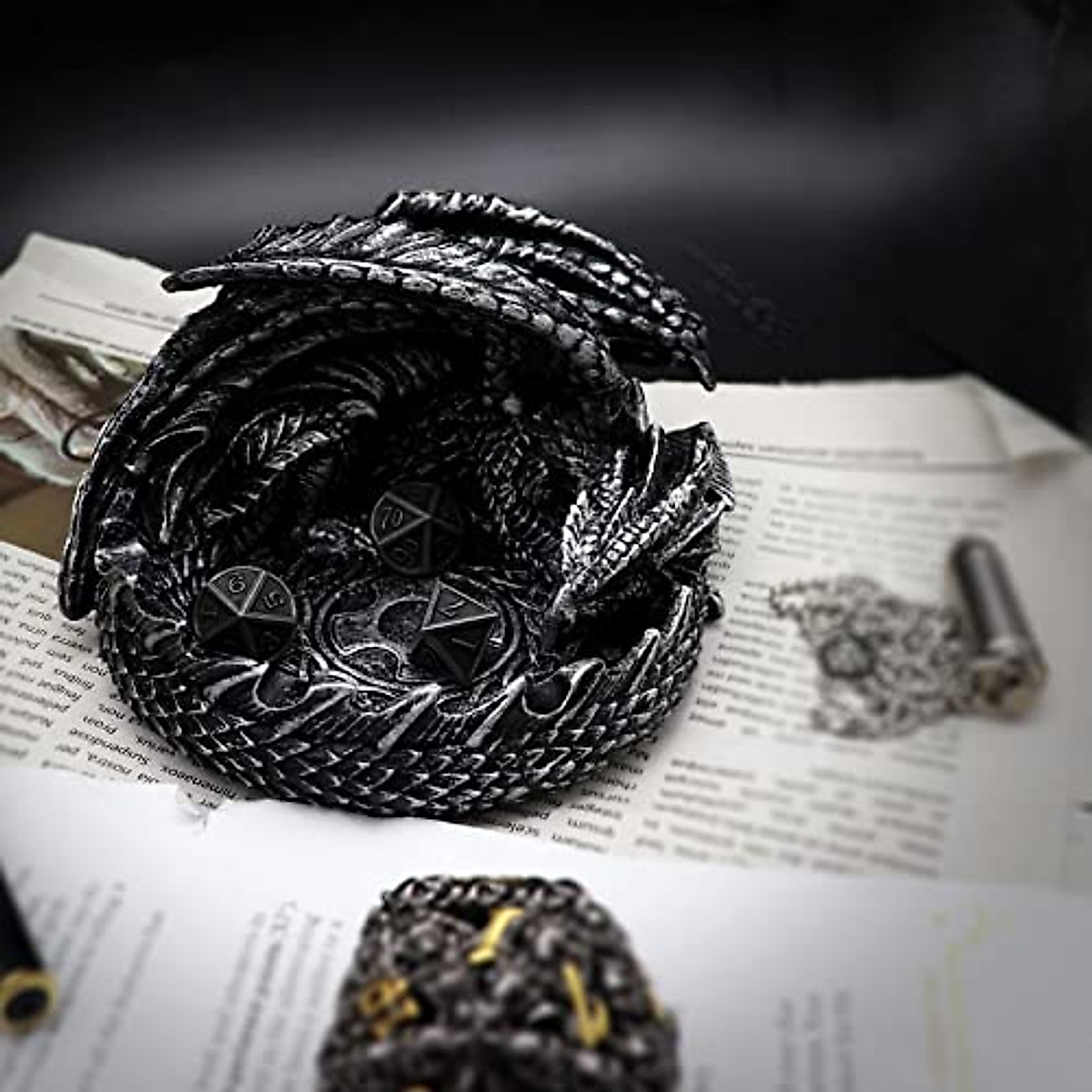 Haxtec Dragon Dice Jail Guardian DND Dice Tray Holder Dungeons and Dragons Accessories Novelty DM RPG Gift Dragon Statue Decor(Antique Silver)