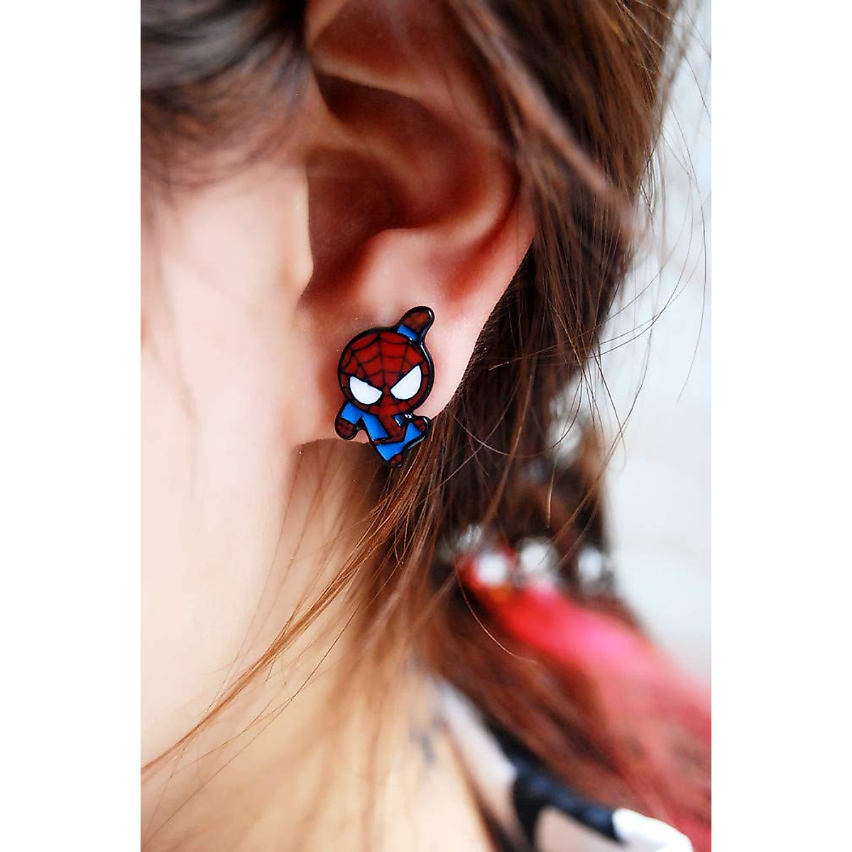 Lovely Cartoon Spider Man with Charm Section Web Brass Necklace Cool Jewelry for Women Girls (Earring)