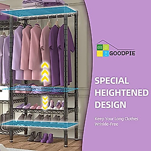 GOODPIE H7 Garment Rack Heavy Duty Clothes Racks, Hanging Clothing Rack, Freestanding Closet Wardrobe, 7 Adjustable Wire Rack, 2 Clothe Rod, 1 Side Hook, Multiple Combination Methods, Black