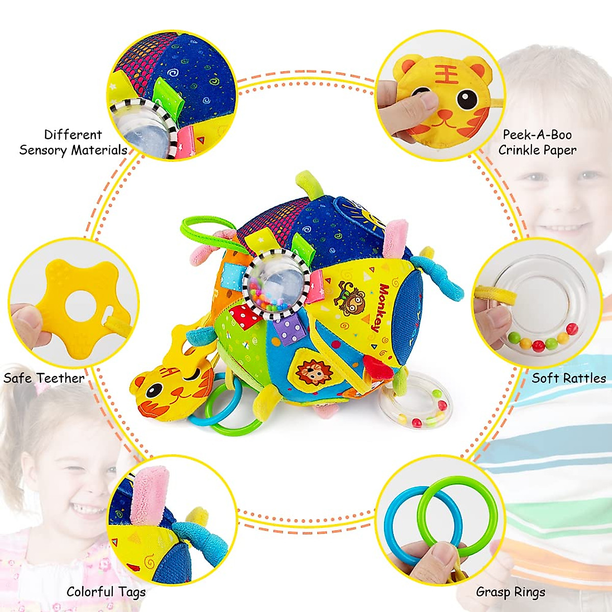 Busy Sensory Ball Baby Toys for 0-12 Months,Developmental Activity Ball Infant Toys with Baby Rattles Teether Crinkle Sounds,Discover Ball Gifts,Easy to Grasp Encourage Tummy Time Fine Motor Skills