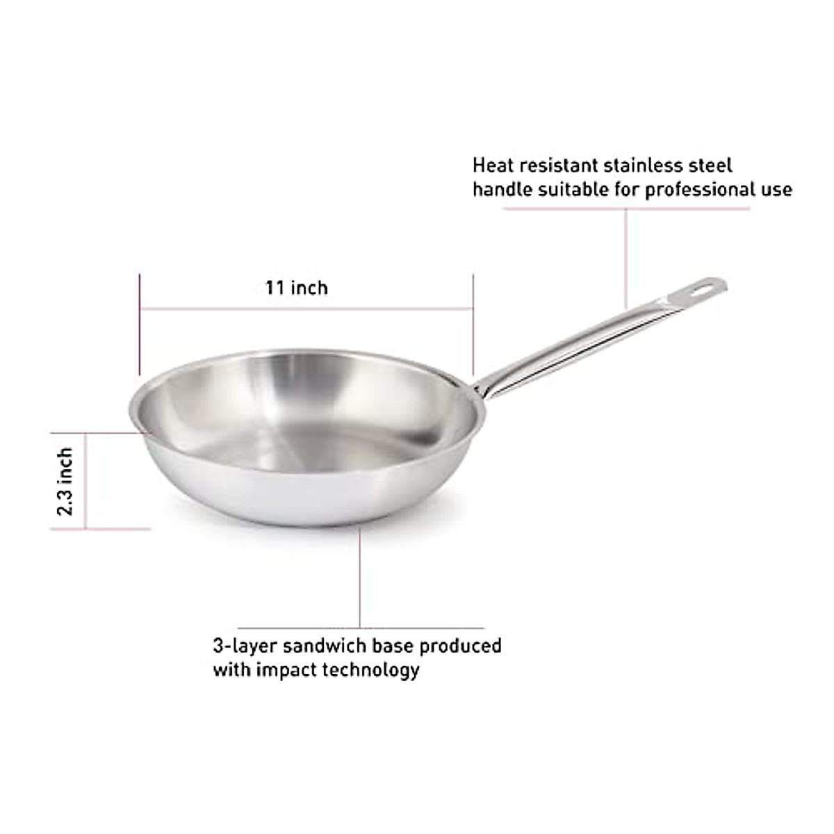 KAPP Frying Pan/Triply Stainless Steel Skillet/Fry Pan with Long and Stay Cool Handle, 11 Inch, Silver