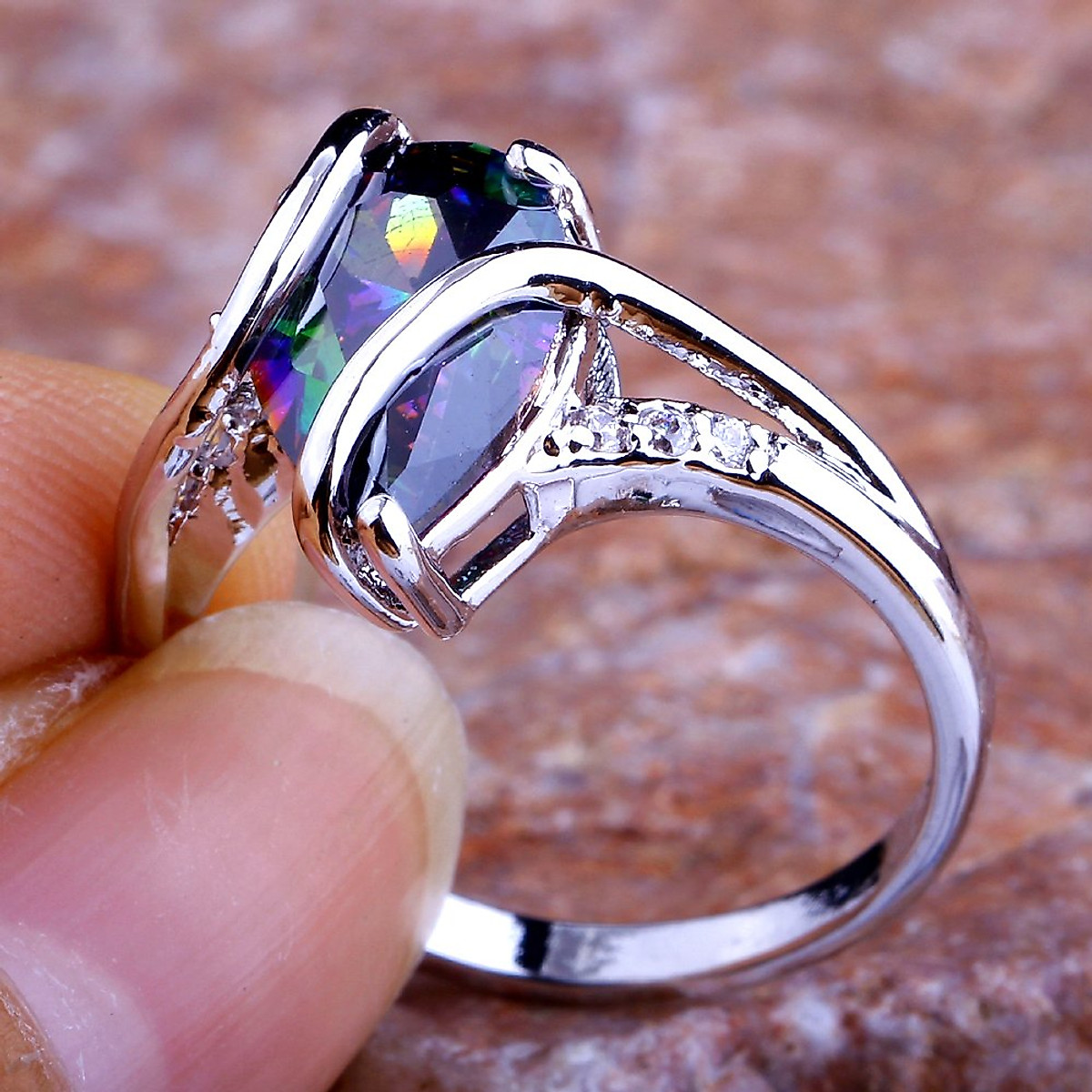 Psiroy 925 Sterling Silver Plated Simulated Rainbow Topaz Pear Shaped Promise Ring Size 8