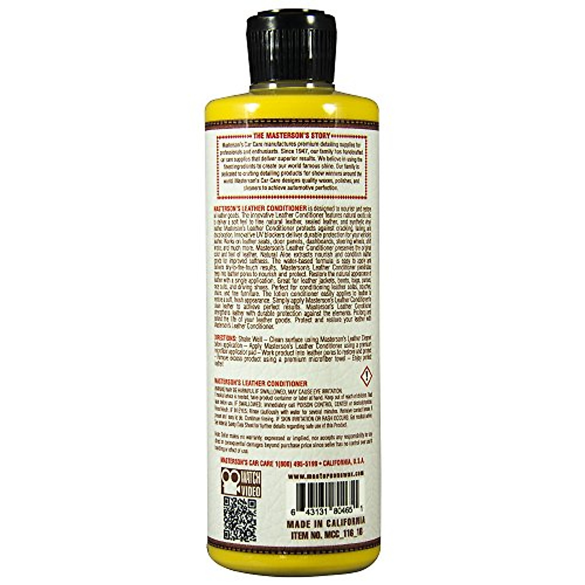 MASTERSON'S CAR CARE MCC_116_16 Leather Conditioner Dry-to-The-Touch - Restores Leather Interiors, Seats, Boots, Bags, Apparel - Protects Against Cracking and Fading (16 oz)