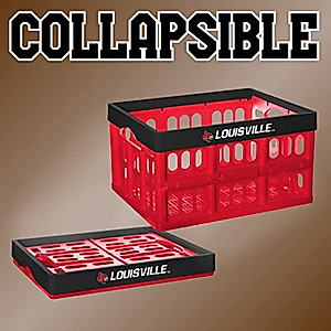 Set of 2 NCAA University of Louisville Stackable & Collapsible Crate/Storage Bin - Perfect For Books, Clothes in Dorms, Rooms & Closets - Basket Collapses/Ideal for Price Club Runs 50 Lb Capacity