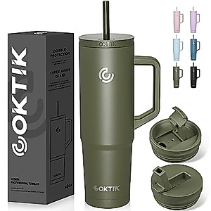 COKTIK 40 oz Tumbler with Handle and Straw, 3 Lids (Straw/Flip), Stainless Steel Vacuum Insulated Cup, 40 Ounce Travel Mug,Cupholder Friendly,Keeps Water Cold,Easy to Clean (Army Green)