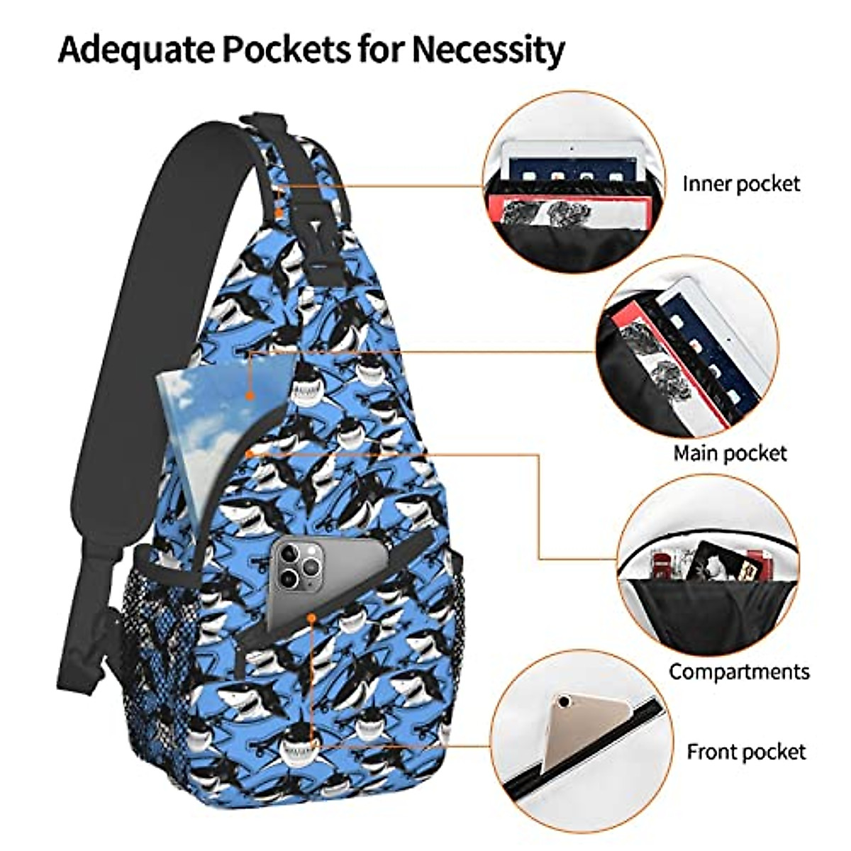 Biunnru Sharks Sling Daypacks Crossbody Backpack Chest Bag Lightweight Shoulder Bag Travel Hiking Cycling For Men Women
