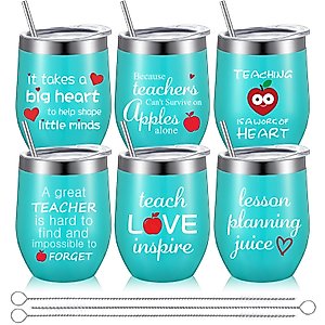 6 Pack Teacher Gifts Teacher Tumbler Bulk 12oz Stainless Steel Teacher Wine Glass with Lids and Straws Teacher Appreciation, Birthday Gifts for Daycare, Preschool, Kindergarten Teacher(Mint)