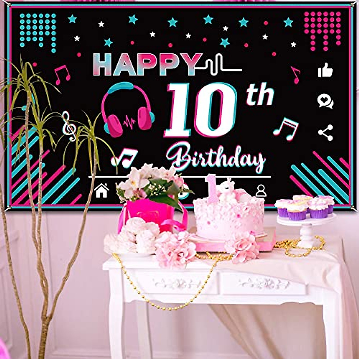Music Happy 10th Birthday Backdrop Musical Social Media Birthday Party Supplies Music Party Banner Decorations Social Media Photography Background for Teens, 73 x 43 Inches